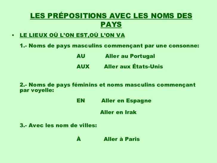 les prepositions et noms de pays