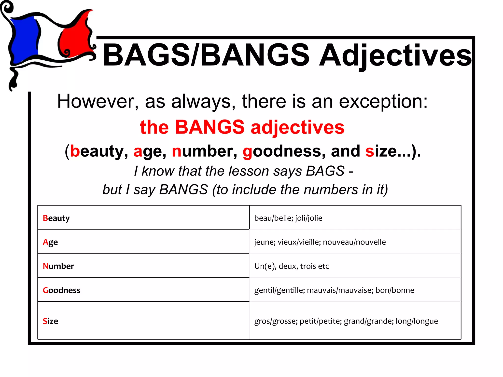 Les adjectifs BAGS/BANGS | PPT