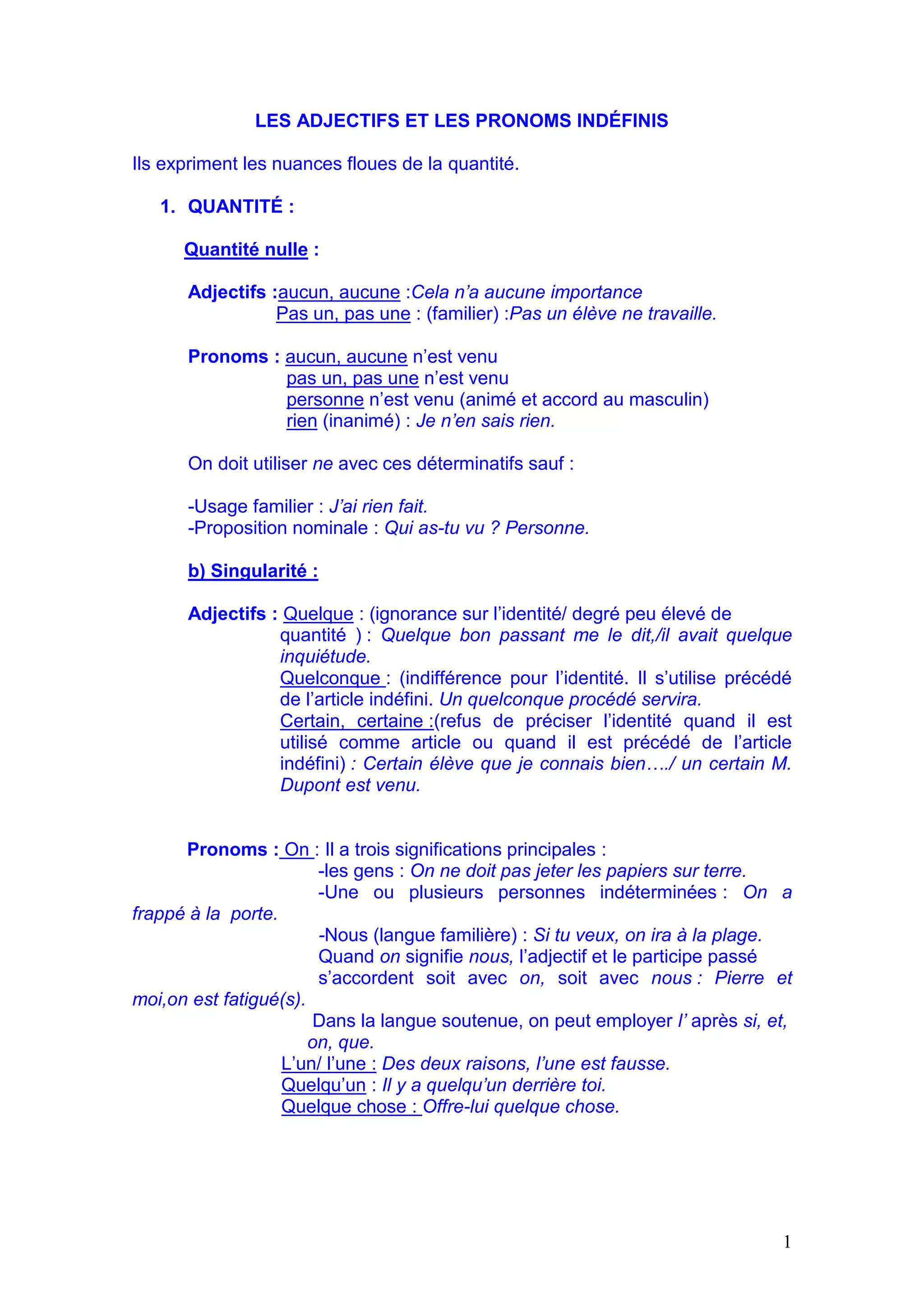 Les adjectifs et les pronoms indéfinis | PDF