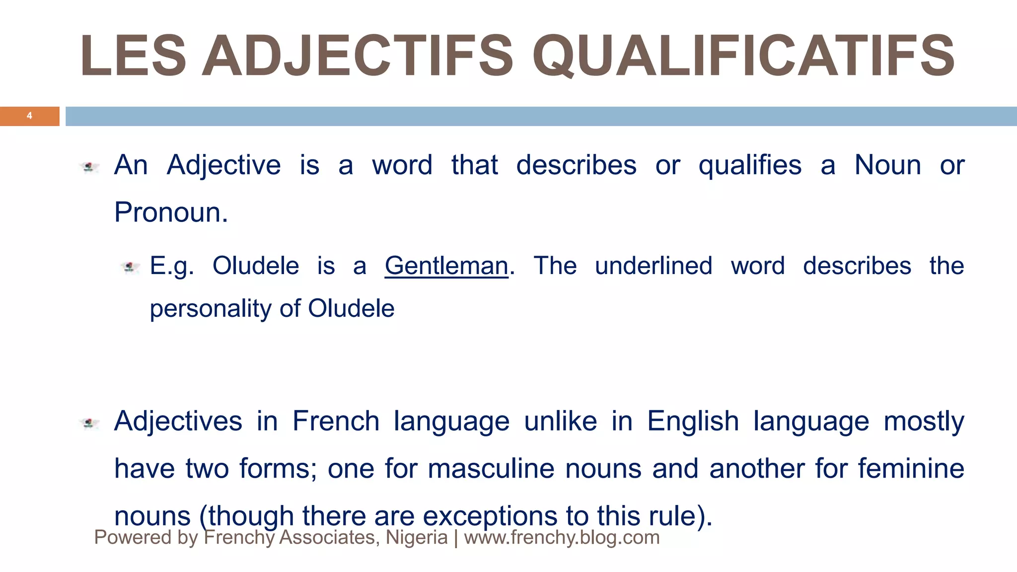 LES ADJECTIFS QUALIFICATIFS by GANIAT SODEKE du FRENCHY ASSOCIATES ...
