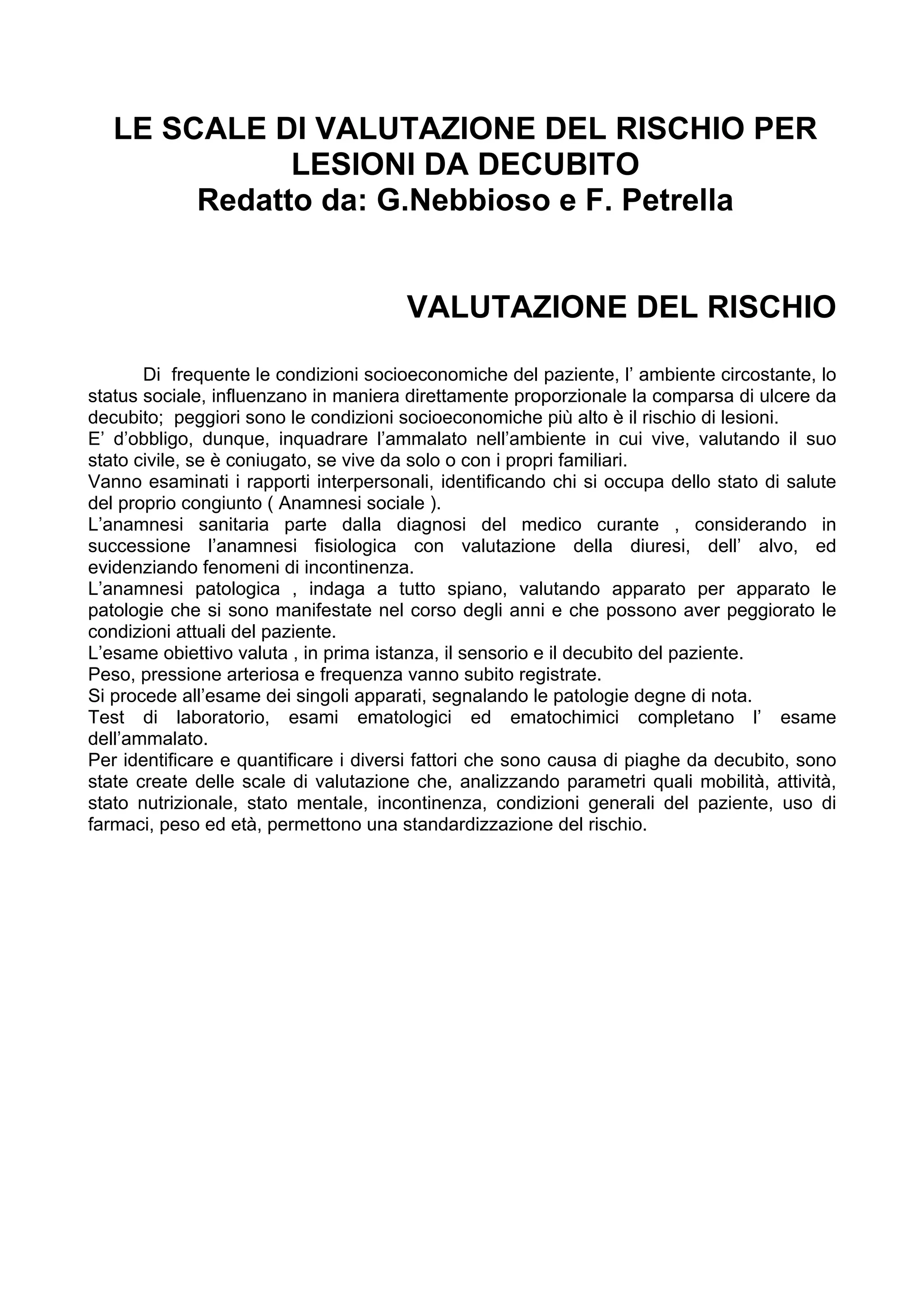 Le scale di valutazione del rischio per lesioni da decubito | PDF