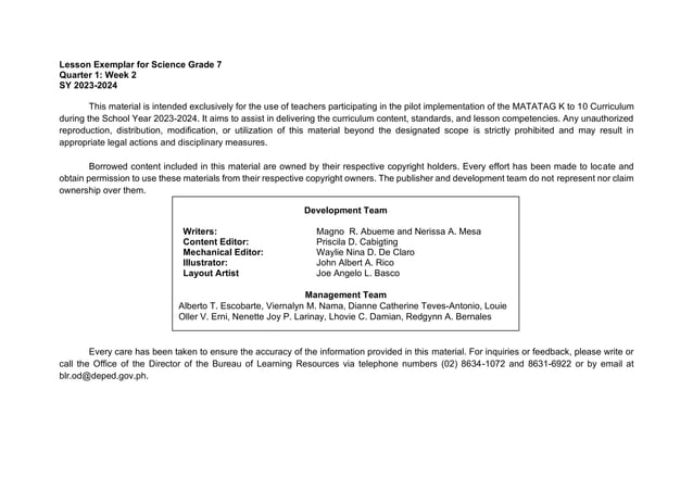 LE_Science7_Q1_week-2_final.pdf Learning Exemplar for science 7 MATATAG curriculum | PDF ...