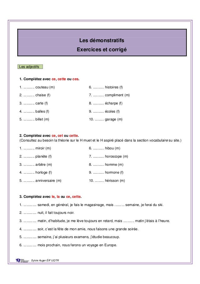 Les demonstratifs exercices et corrige
