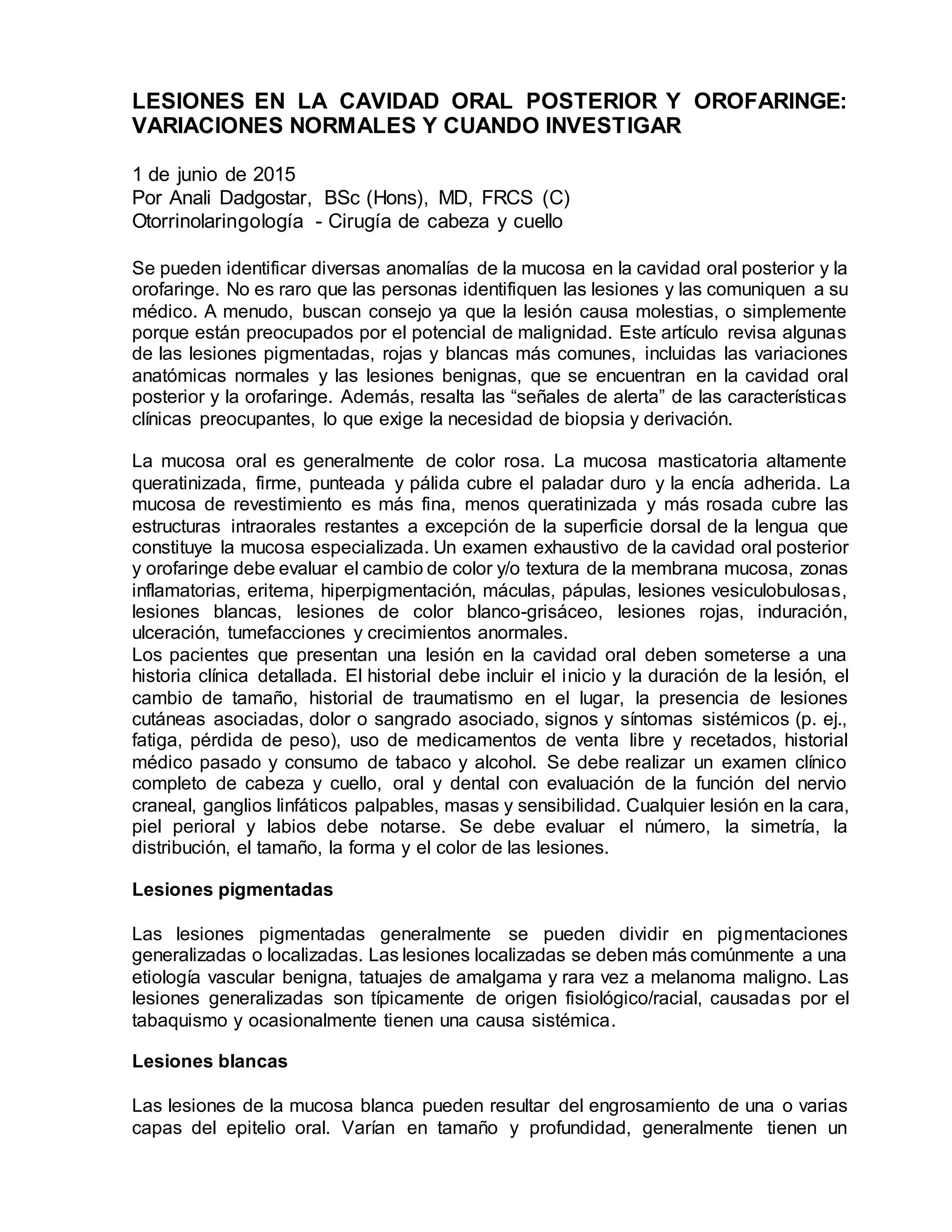 LESIONES EN LA CAVIDAD ORAL POSTERIOR Y OROFARINGE: VARIACIONES ...