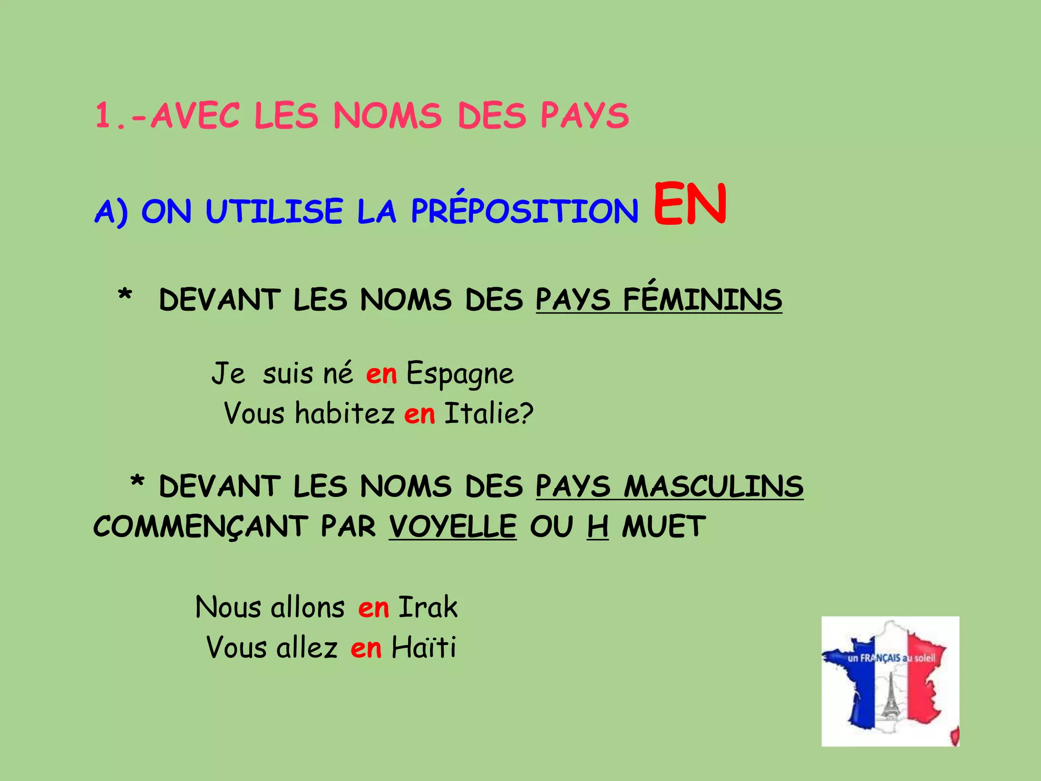 Les prepositions de lieu et les noms des pays et des villes | PPTX