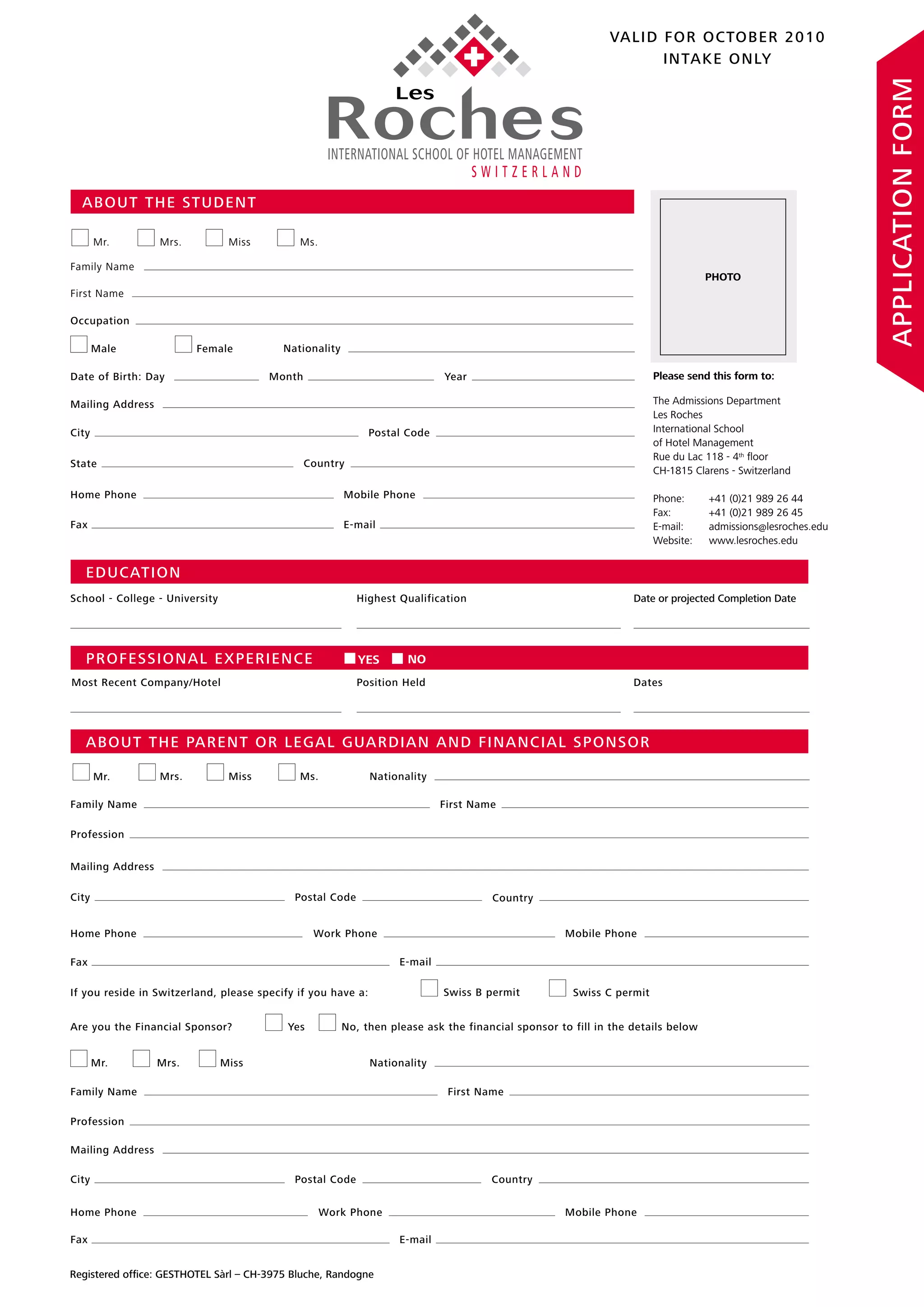 Les Roches Application Form - October Intake | PDF