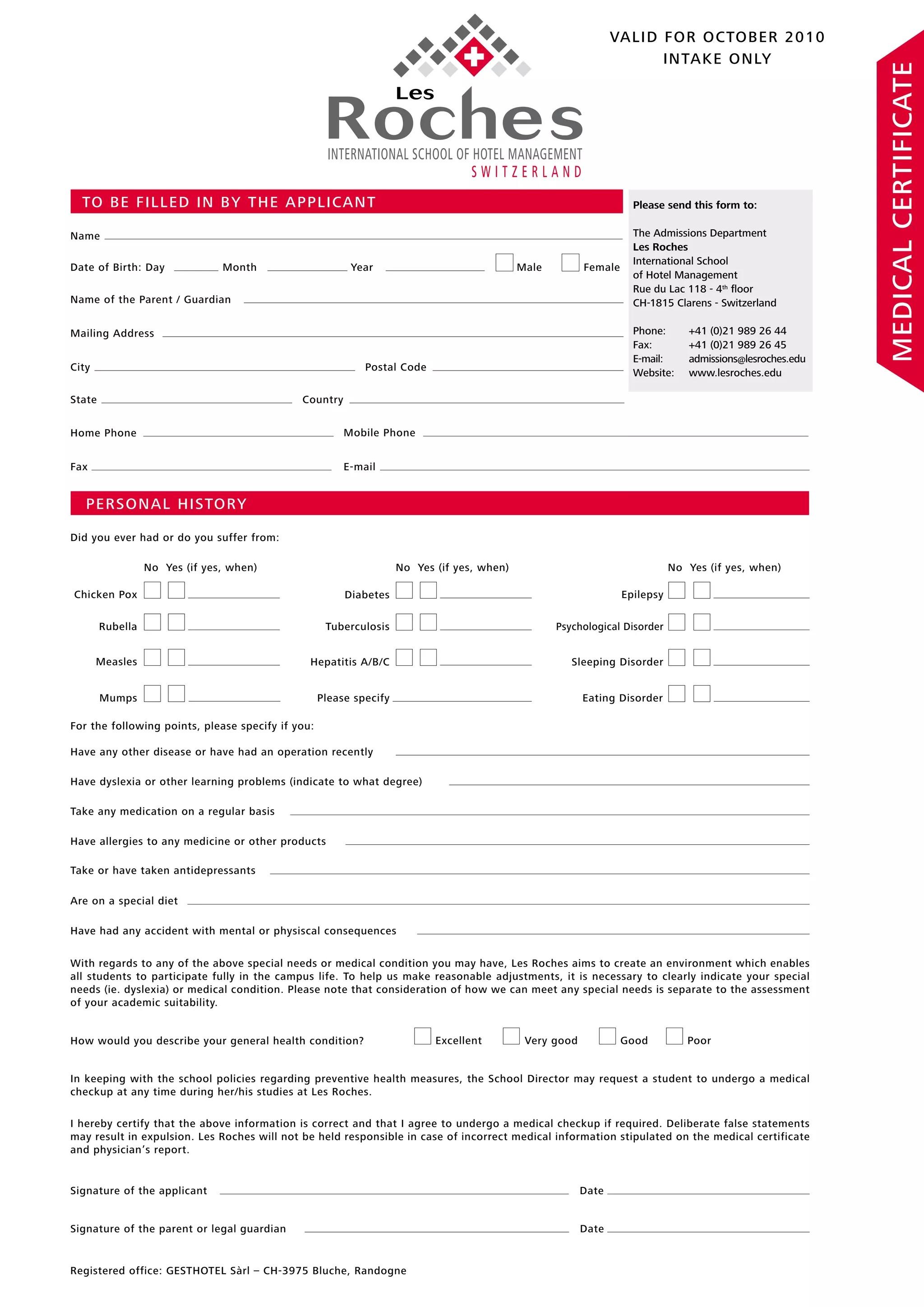 Les Roches Application Form - October Intake | PDF