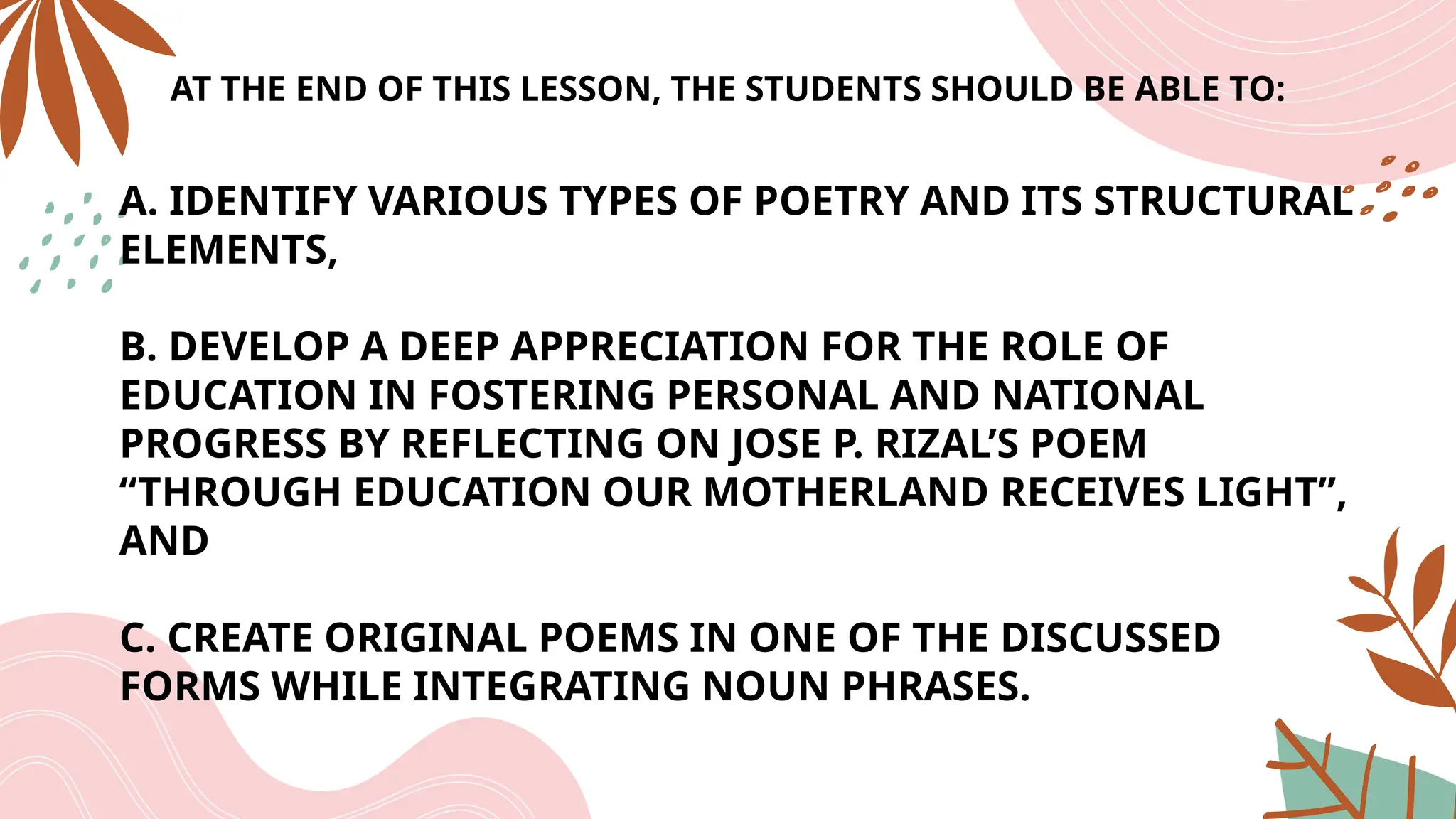 TYPES & STRUCTURAL ELEMENTS OF POETRY, AND NOUN PHRASES | PPTX