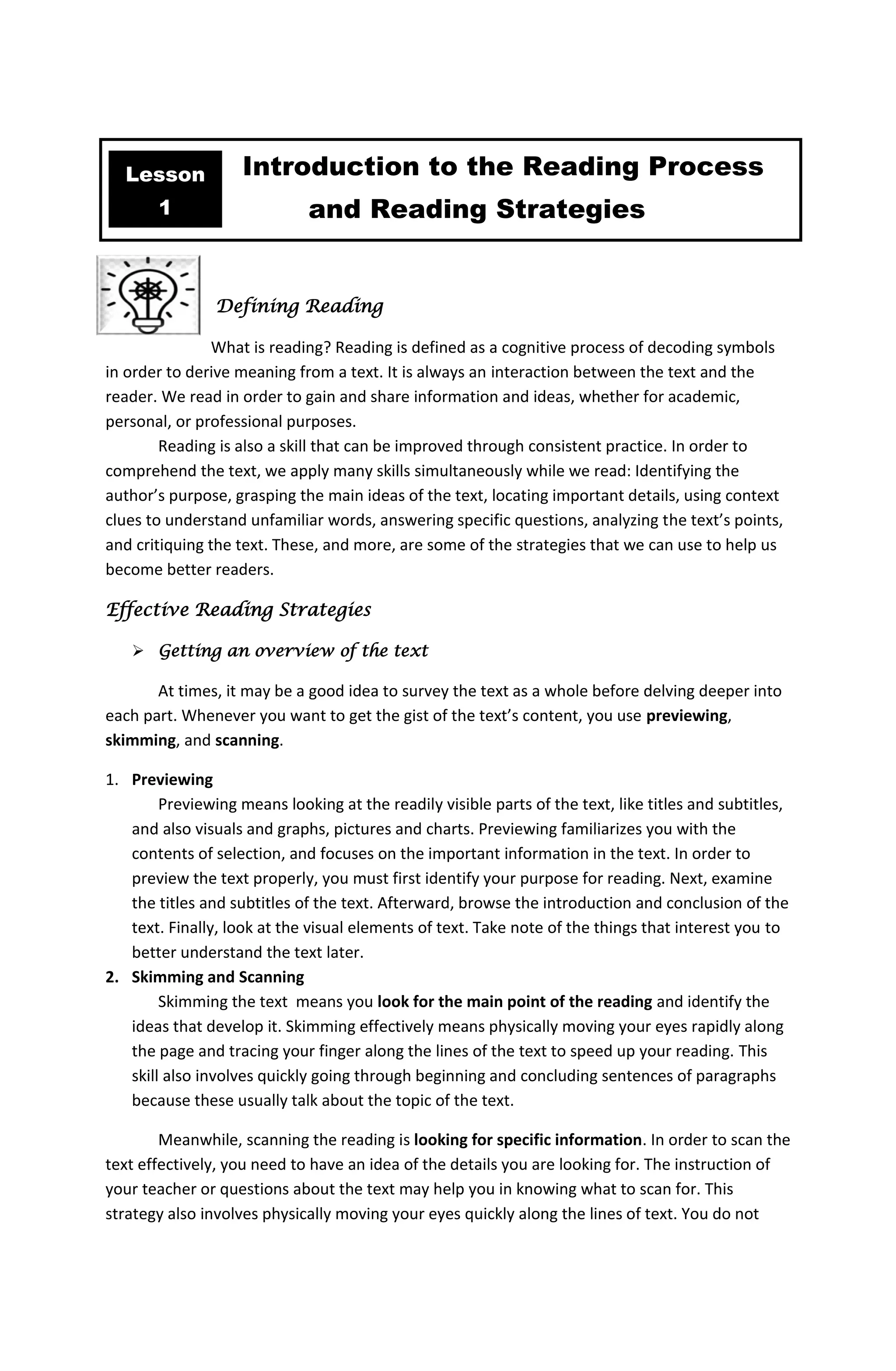 Lesson 1-reading-process-and-strategies | PDF