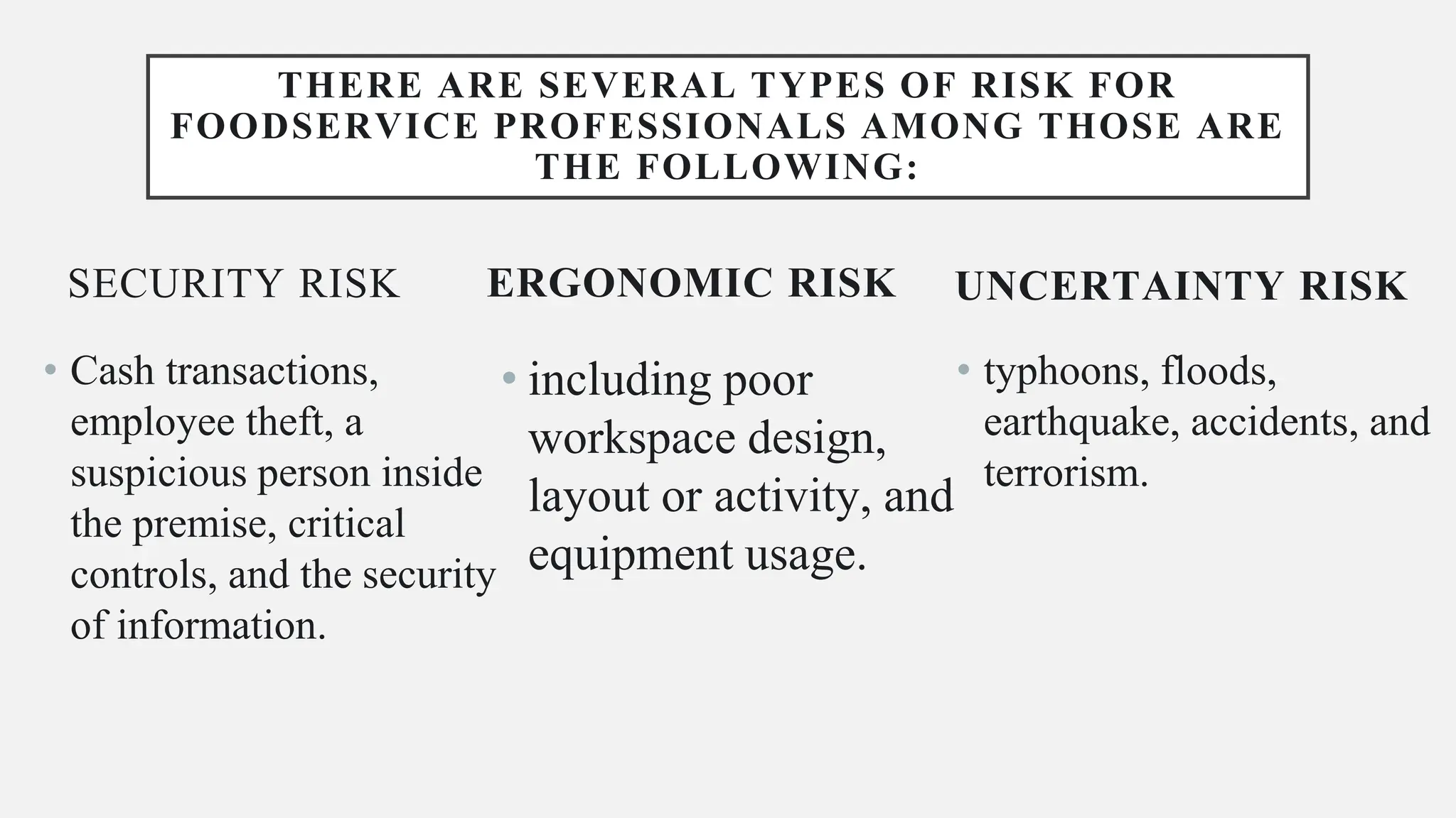 Tour 211. risk management as applied to safety, security and sanitation ...