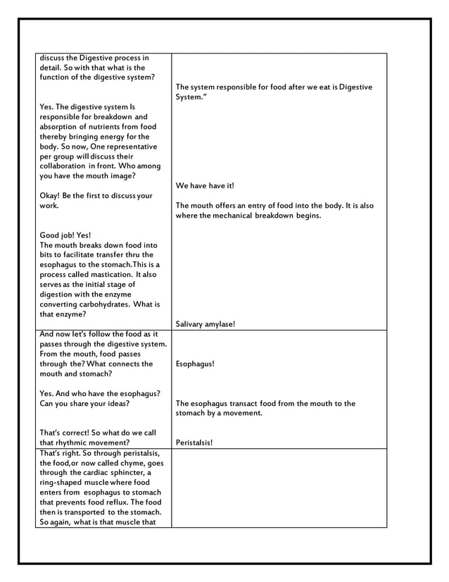 Detailed Lesson plan Sample Digestive Process | DOCX