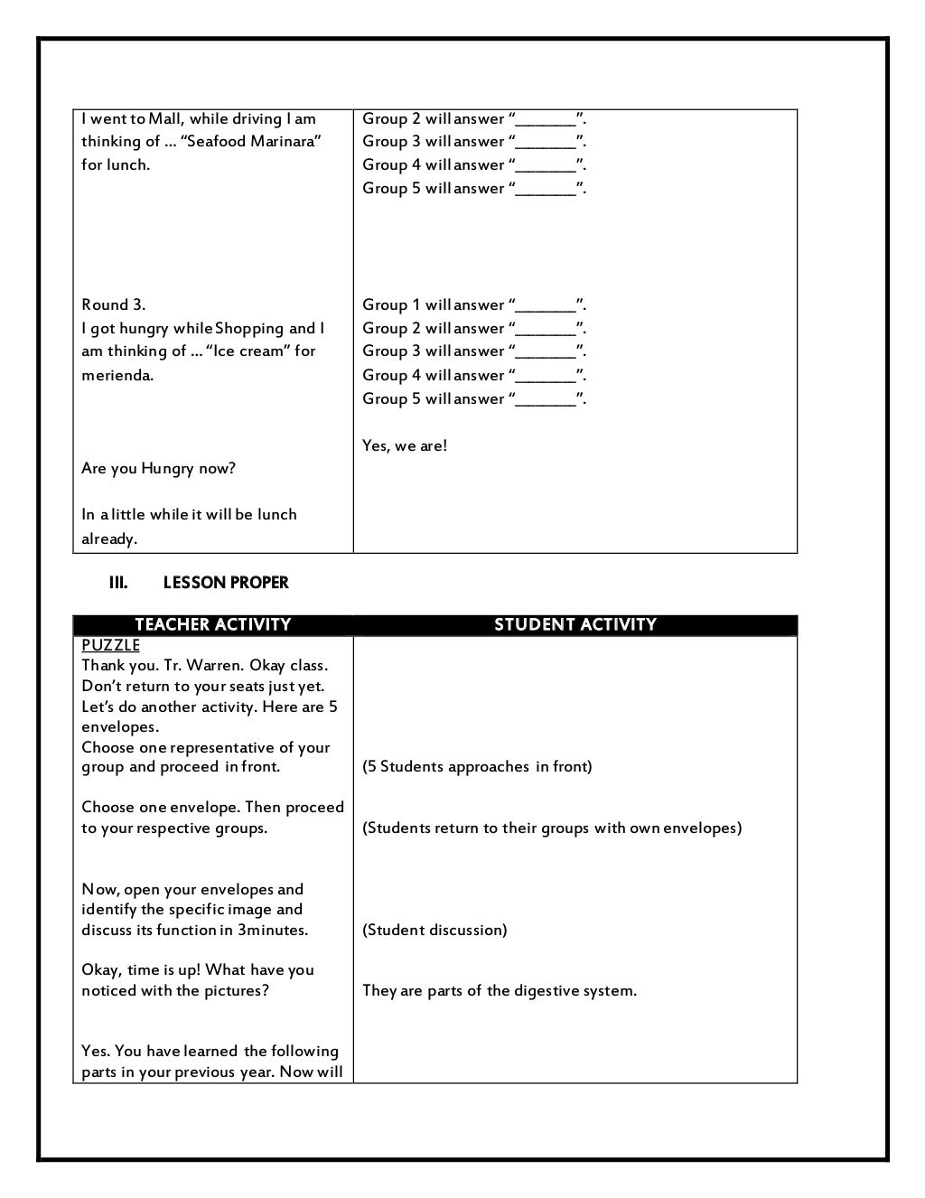Detailed Lesson plan Sample Digestive Process