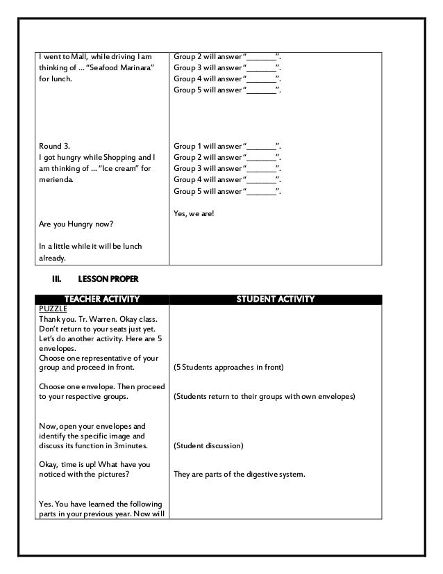 Detailed Lesson plan Sample Digestive Process