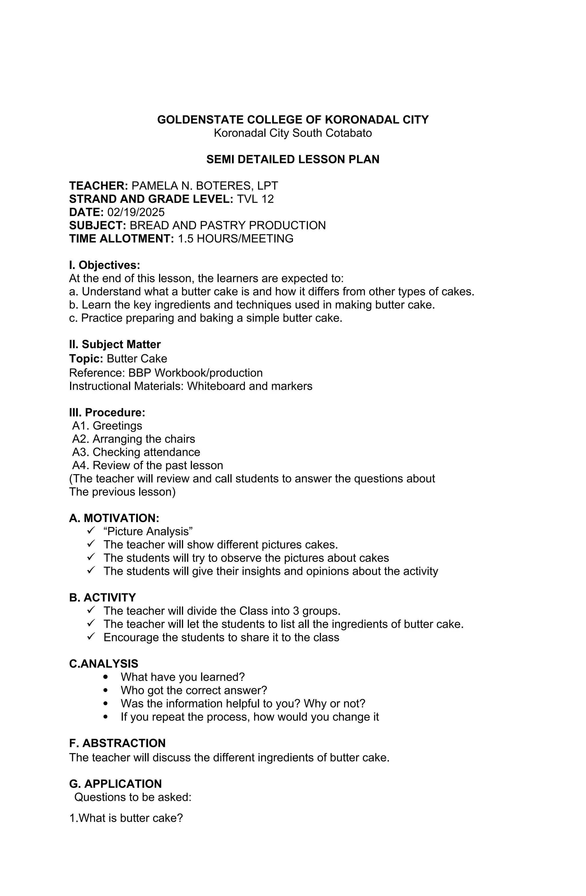 LESSON PLAN FOR COOKERY SENIOR HIGH 11, 12 | DOCX