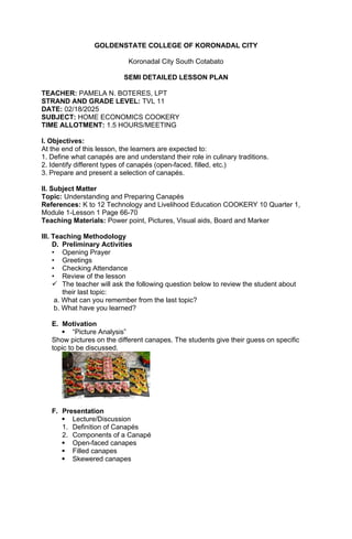LESSON PLAN FOR COOKERY SENIOR HIGH 11, 12 | DOCX