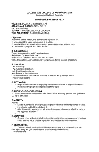 LESSON PLAN FOR COOKERY SENIOR HIGH 11, 12 | DOCX