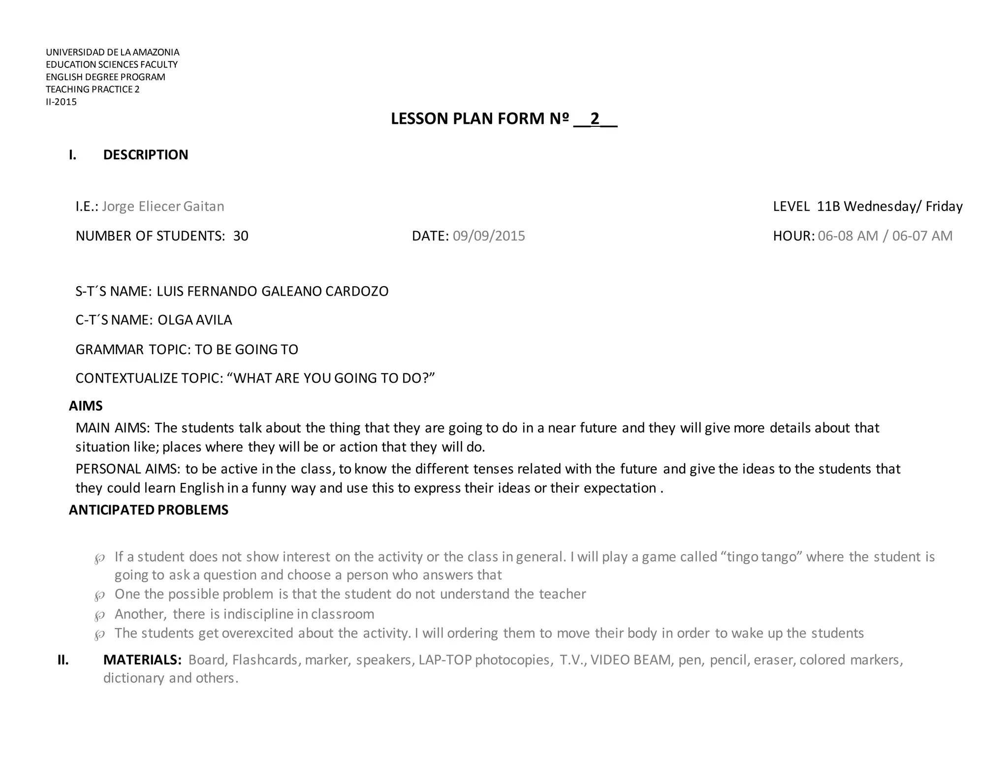 Lesson plan-2 TO BE GOING TO | DOCX