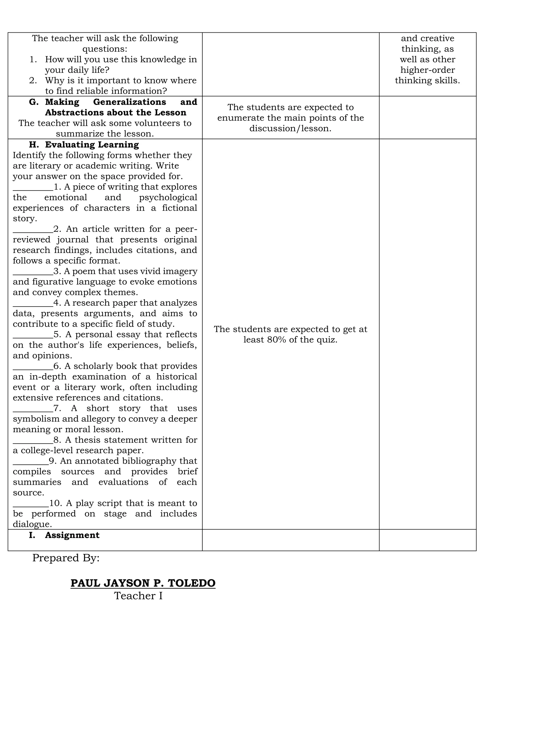 English Grade 7 Lesson Plan by: Sir PAUL | DOCX