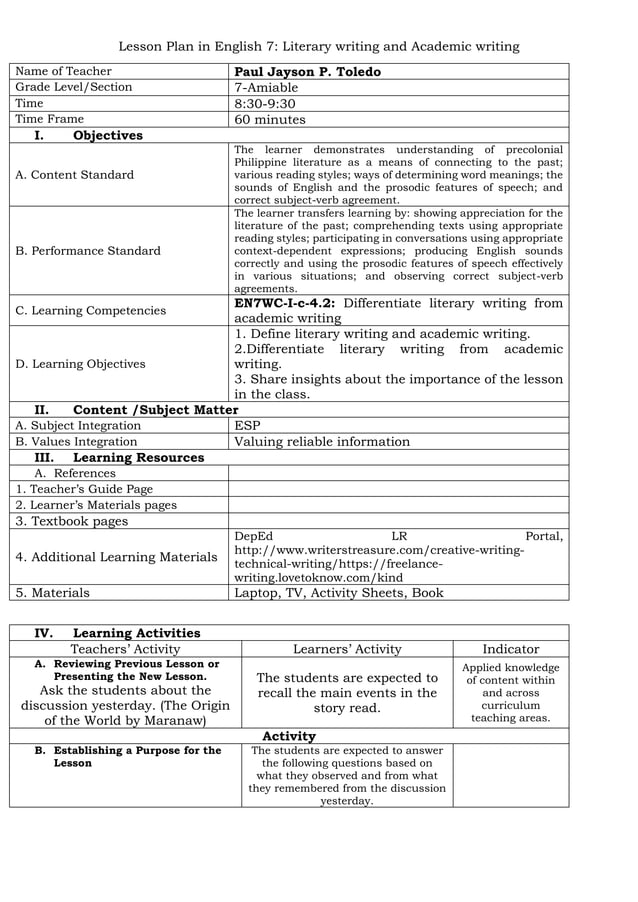 English Grade 7 Lesson Plan by: Sir PAUL | DOCX | Education