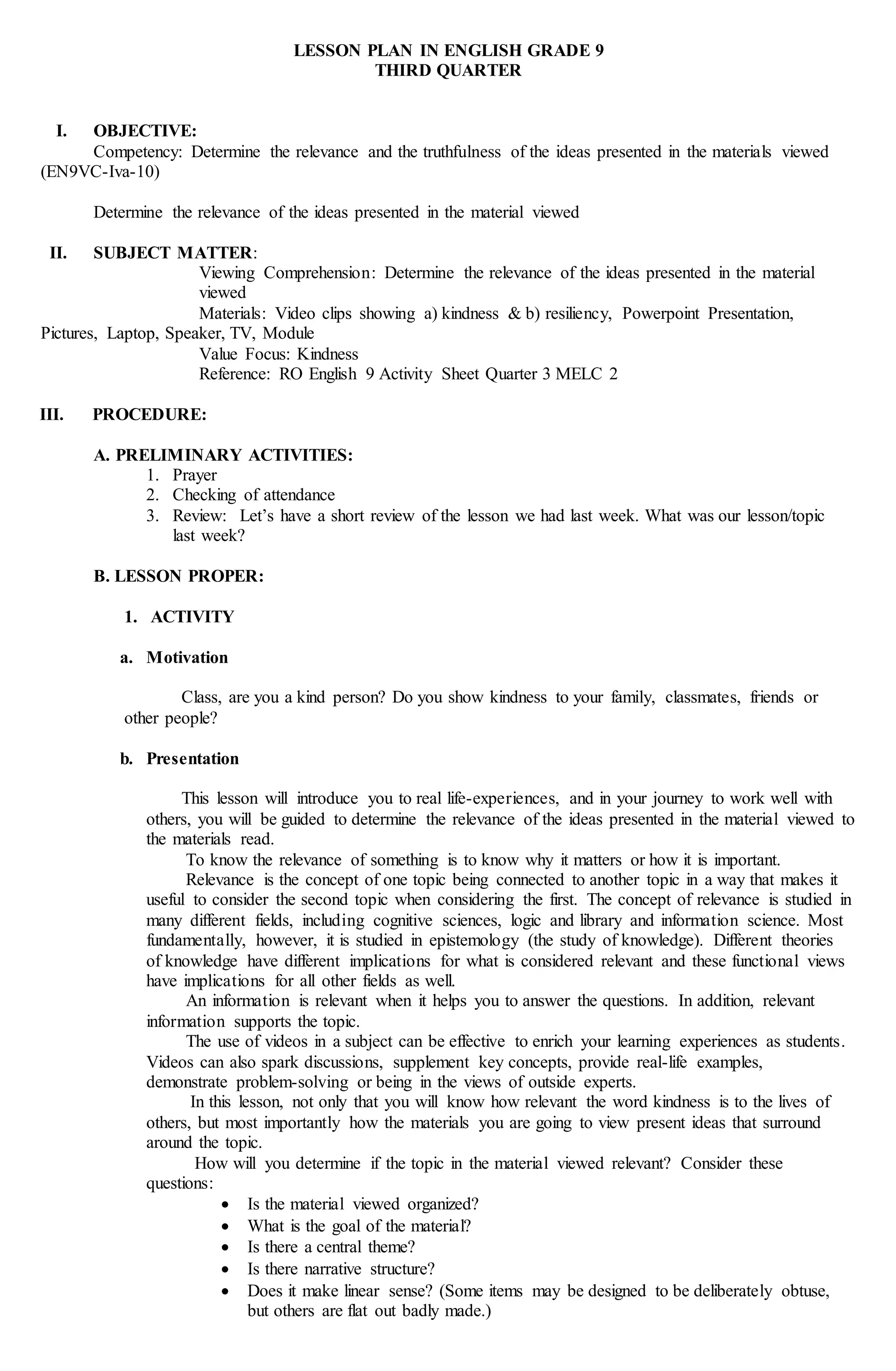 Lesson Plan-in-English-Grade-9-Demo/Video Lesson | DOCX