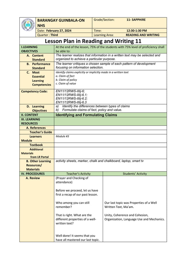 Detailed Lesson Plan In Identifying Claims For Classroom Observation Pdf