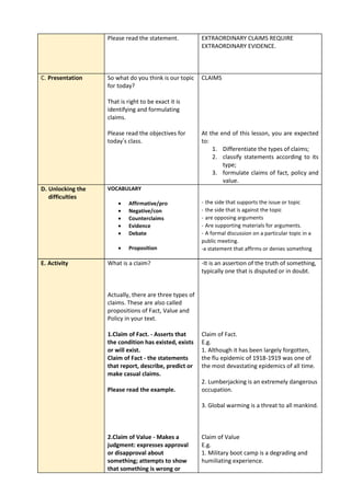 Detailed Lesson Plan in Identifying Claims for Classroom Observation | DOCX