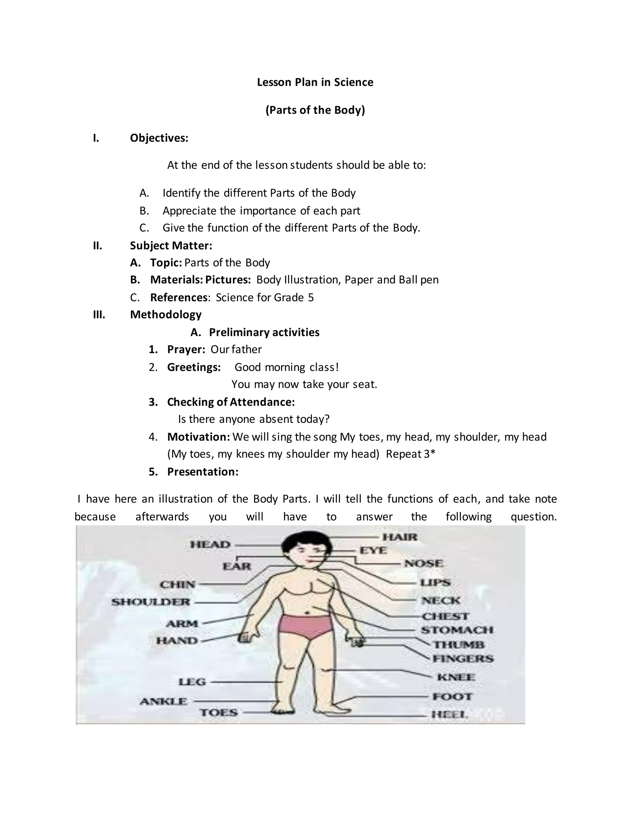 Lesson plan-in-science- (PARTS OF THE BODY) | DOCX