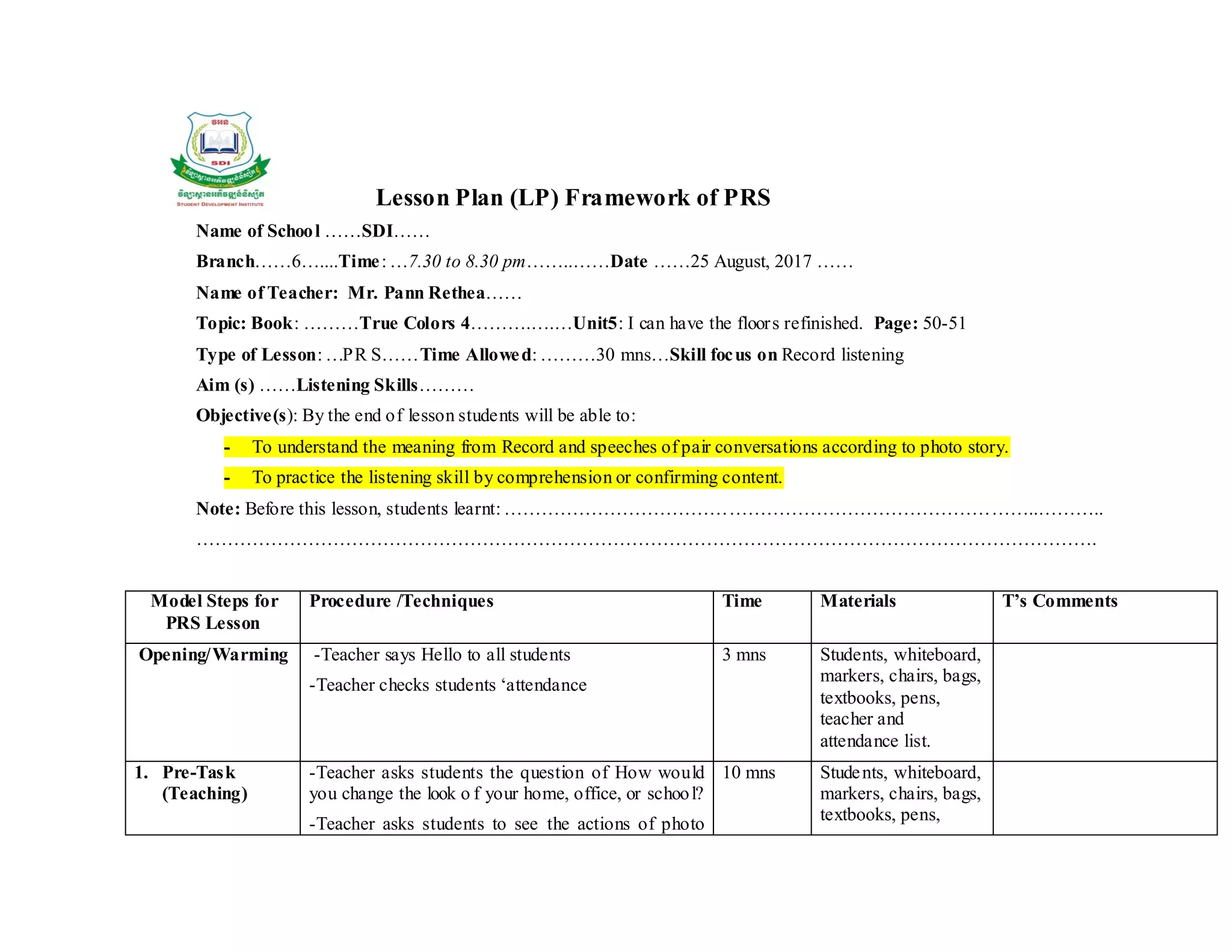 Lesson plan-lp-framework-of-prs1 | PDF