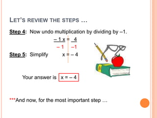 Lesson solving two step equations when -x = # | PPTX