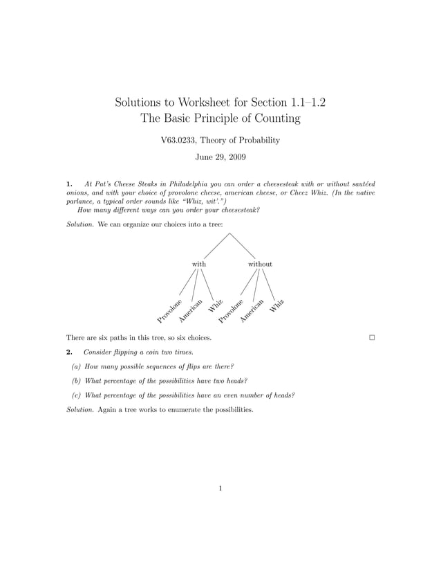 Worksheet: The Basic Principle of Counting (solutions) | PDF