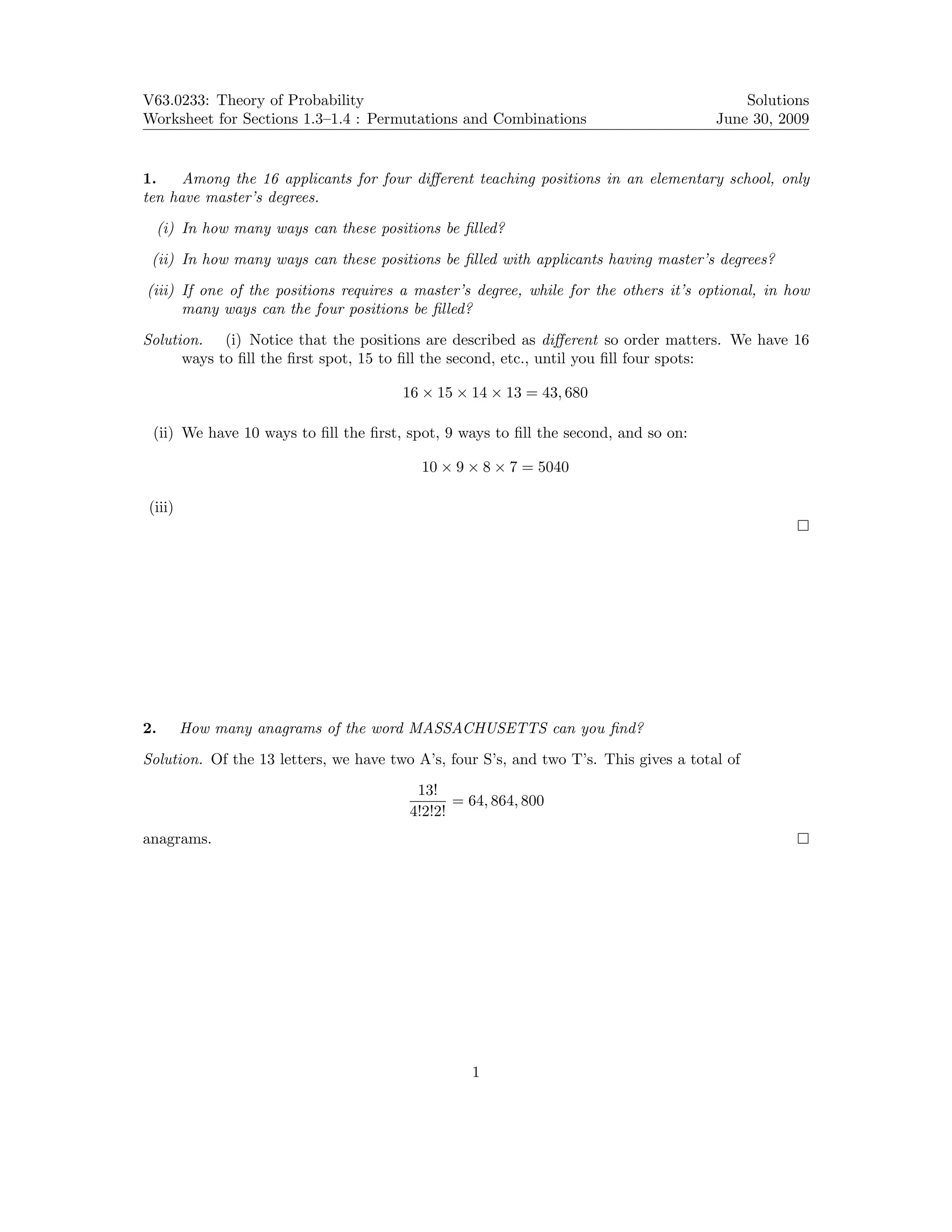 Worksheet: Permutations and Combinations (solutions) | PDF