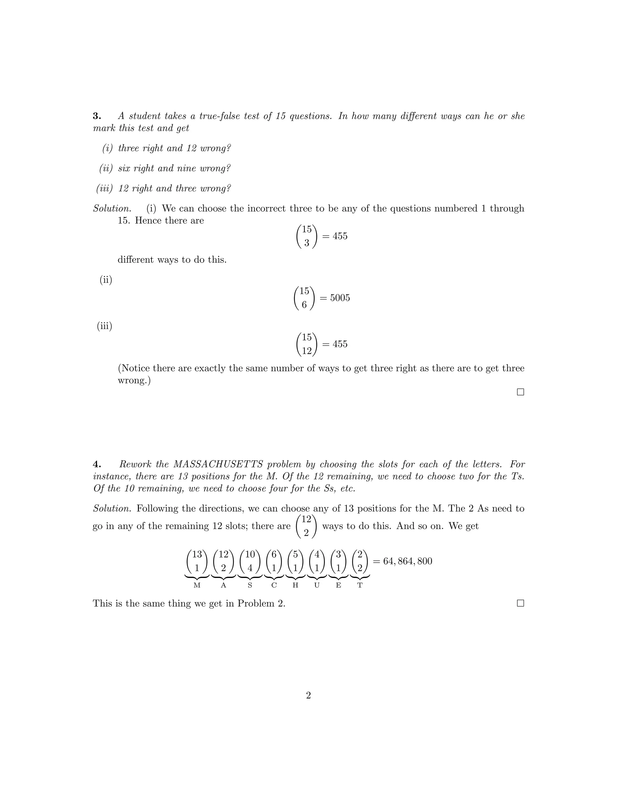 Worksheet: Permutations and Combinations (solutions) | PDF
