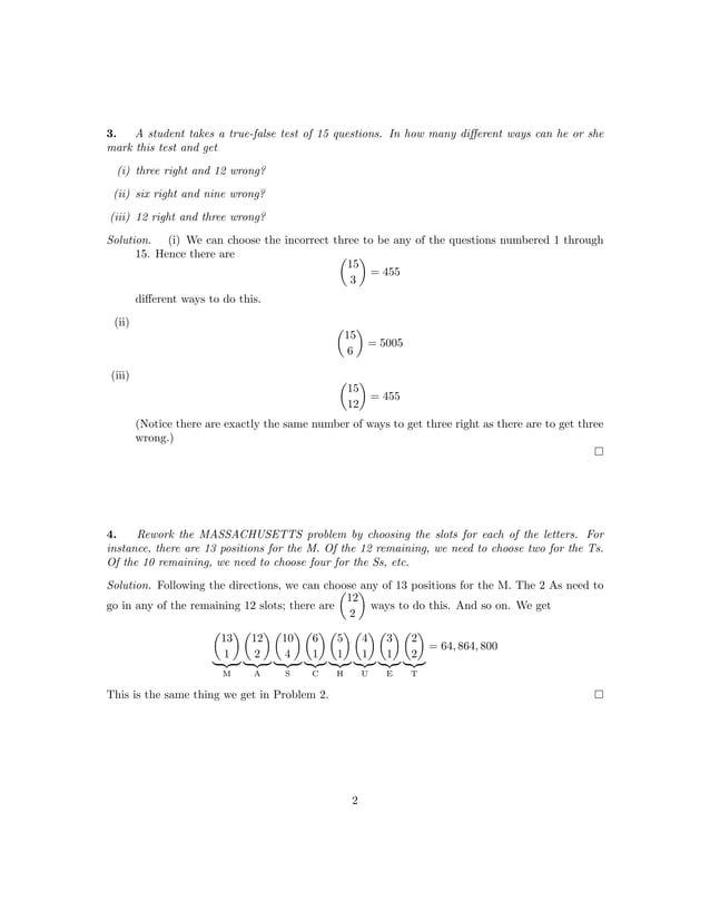Worksheet: Permutations and Combinations (solutions) | PDF