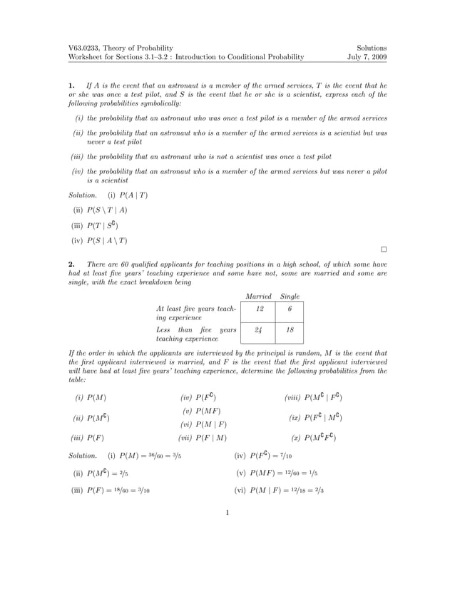 Worksheet: Conditional Probability (solutions) | PDF | Physics | Science