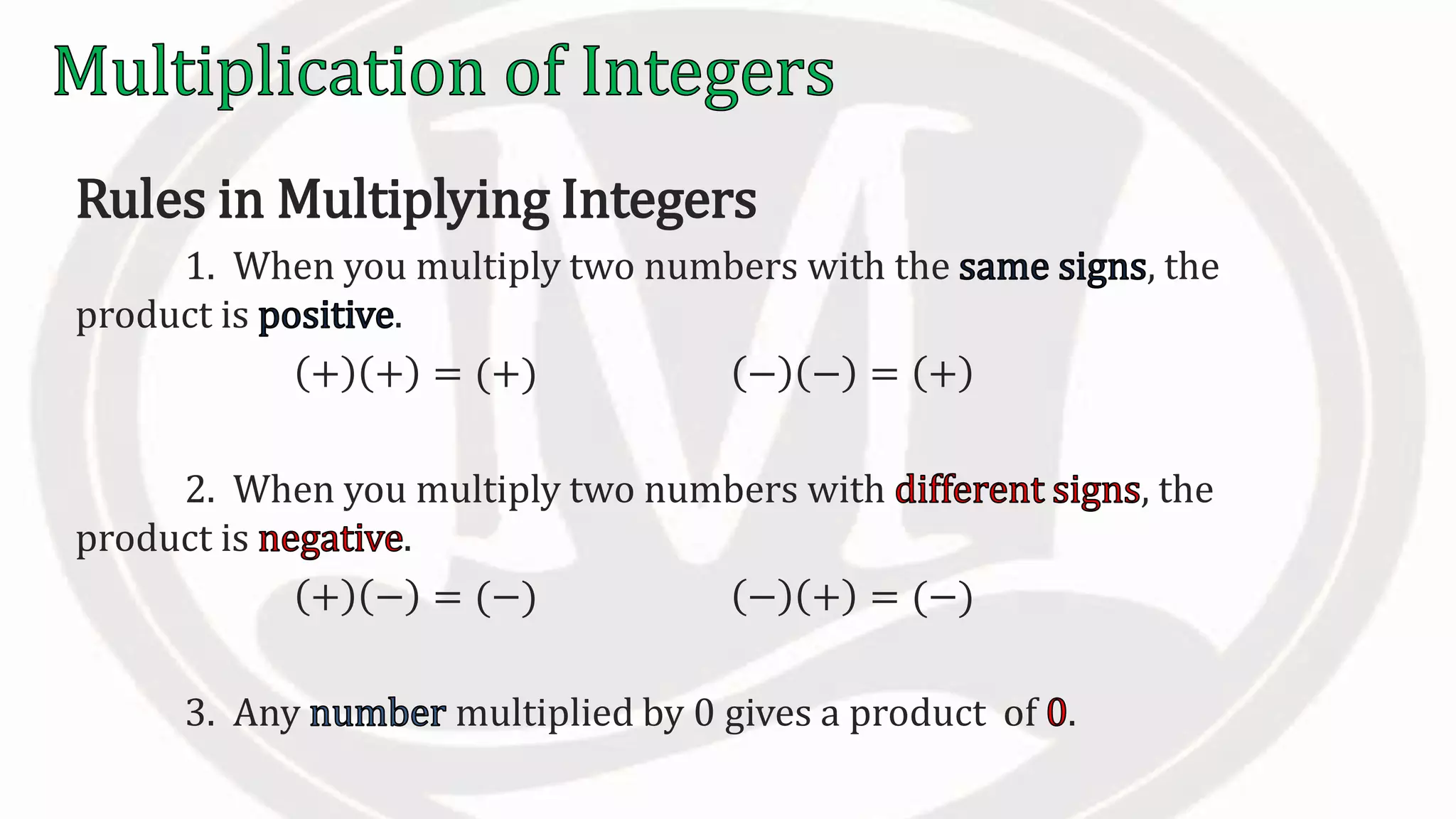 Lesson 1.7 multiplying integers | PPTX