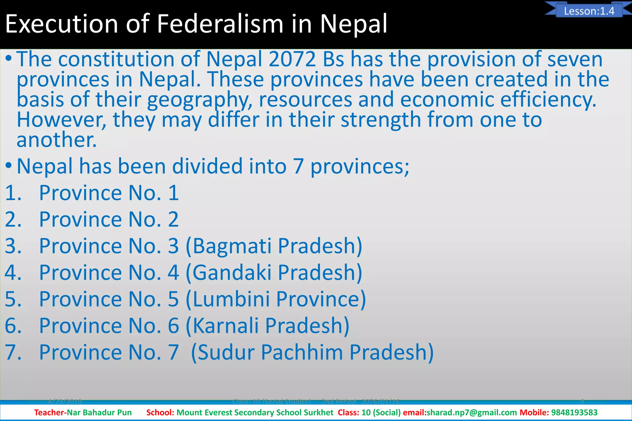 Federal Provinces of Nepal (Grade:10) Unit 1.4 | PPTX