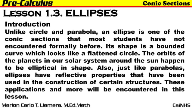Pre-Calculus: Definition and Standard Equation ofEllipse | PPTX ...