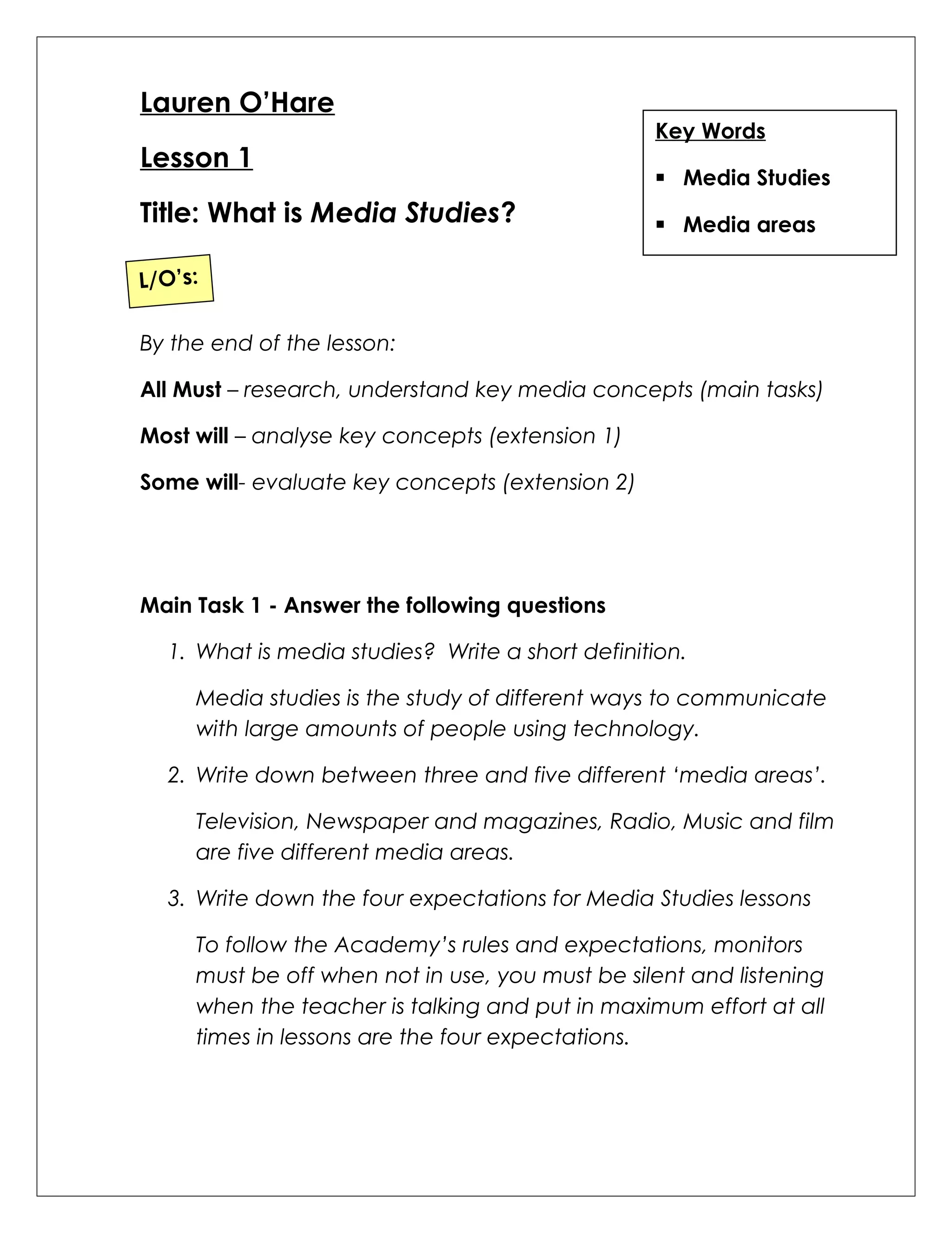 Lesson 1 intro to media worksheet | DOC