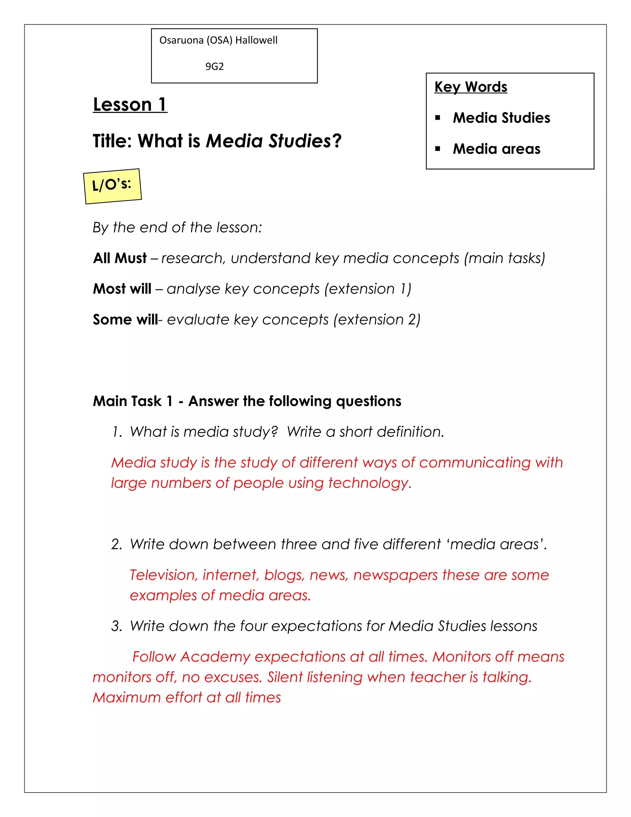 Lesson 1 intro to media worksheet | PDF