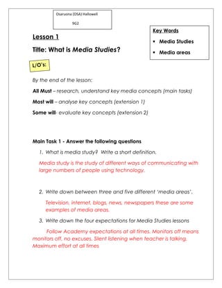 Lesson 1 intro to media worksheet | PDF