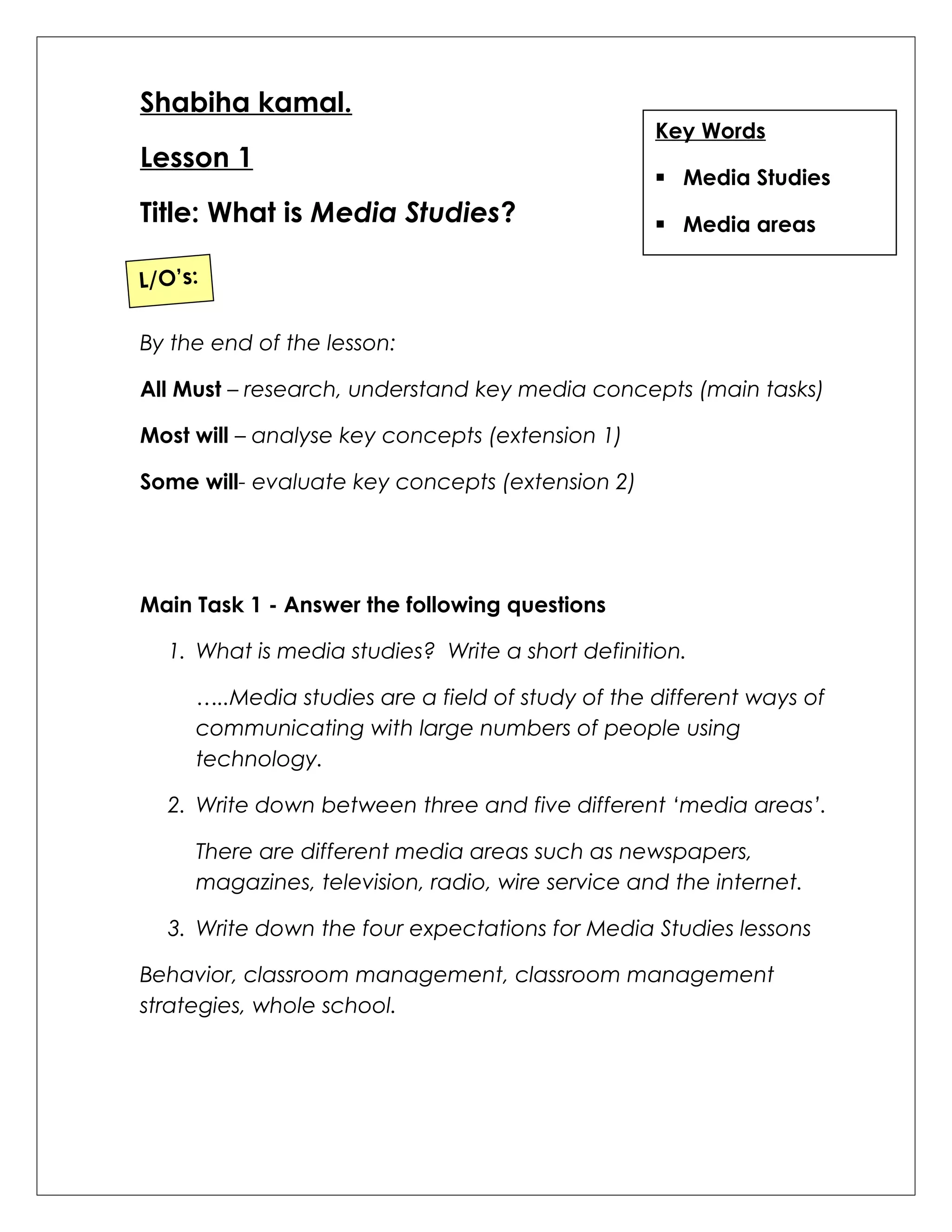 Lesson 1 intro to media worksheet | PDF