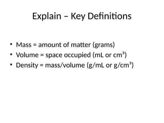 Lesson 1 on MASS, VOLUME & DENSITY in CHEMISTRY 1 SENIOR HIGH SCHOOL | PPTX