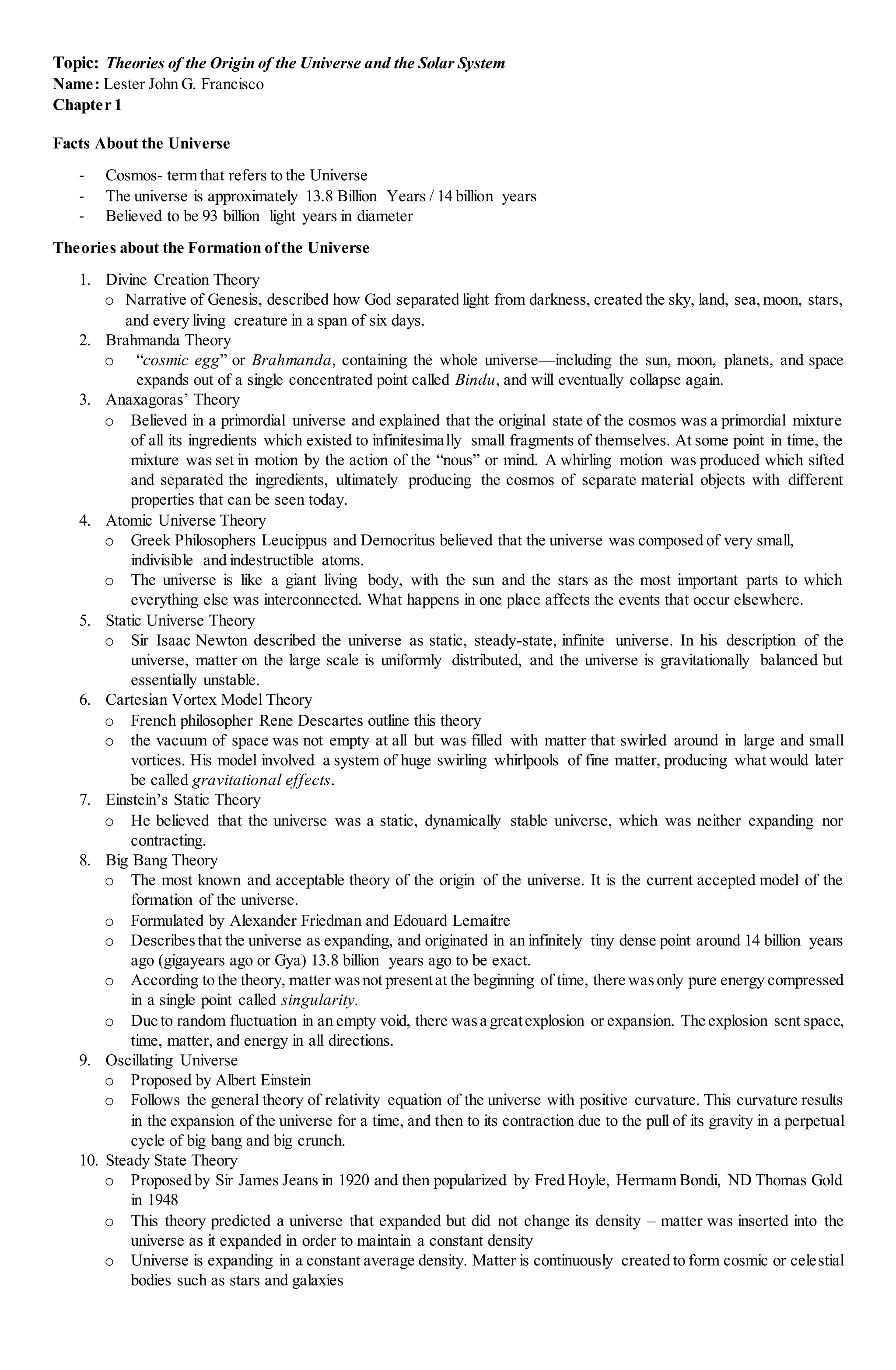 Lesson 1 origin of the universe | DOCX