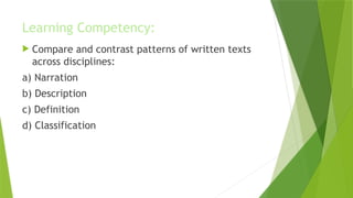 LESSON 1 - PATTERNS OF WRITTEN TEXTS ACROSS DISCIPLINE.pptx