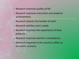 Lesson 1 values of research to man | PPTX