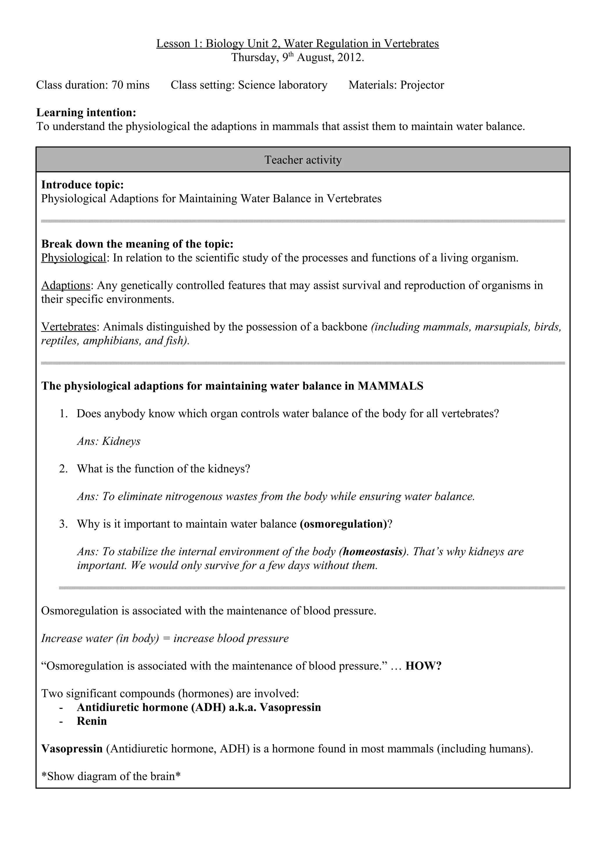 Biology: Osmoregulation- Water Regulation in Vertebrates | DOC