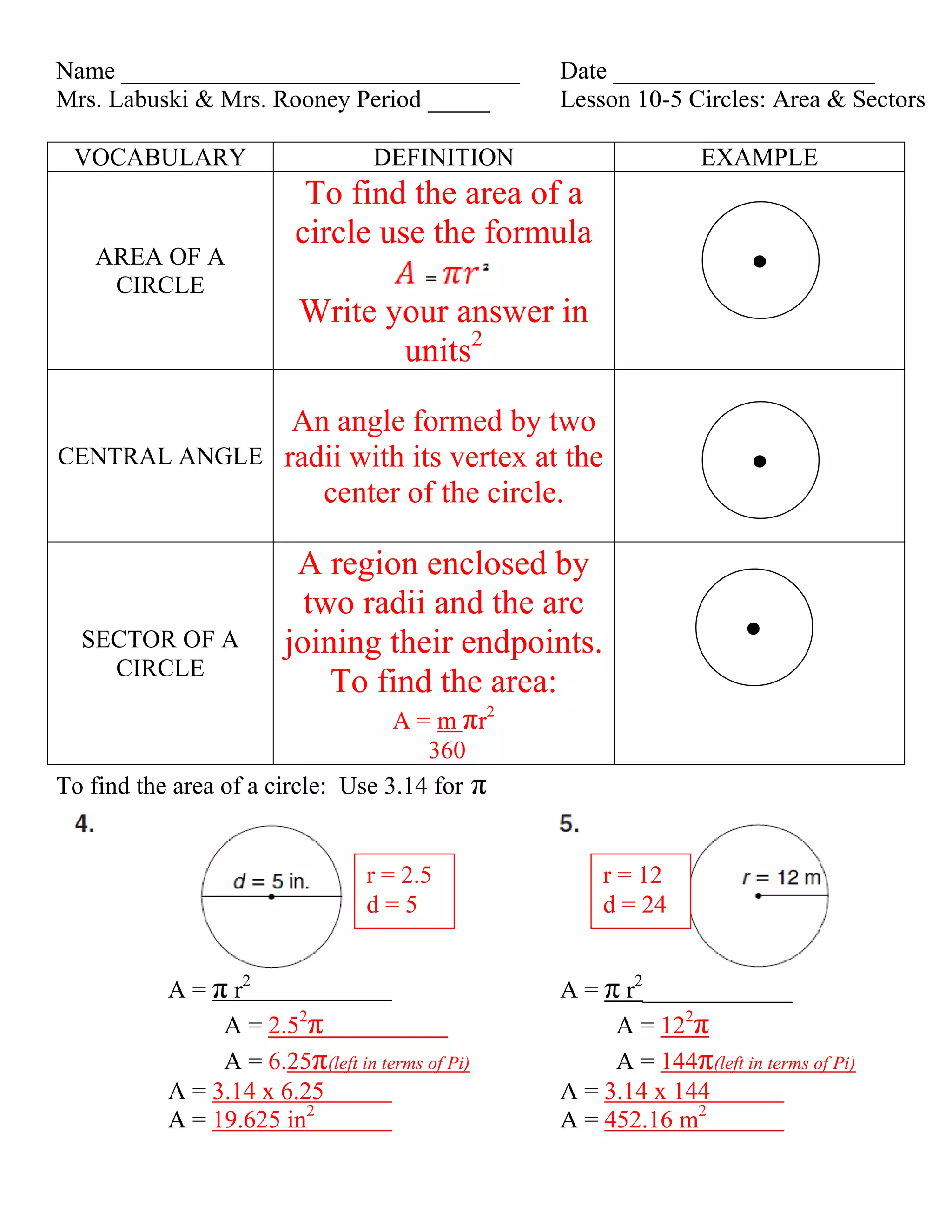 Lesson 10 5 circles area sector | DOCX
