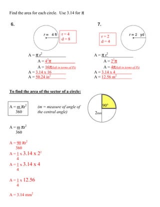 Lesson 10 5 circles area sector with answers | DOCX | Physics | Science