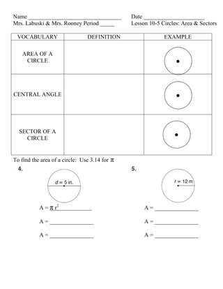 Lesson 10 5 circles area sector with answers | DOCX