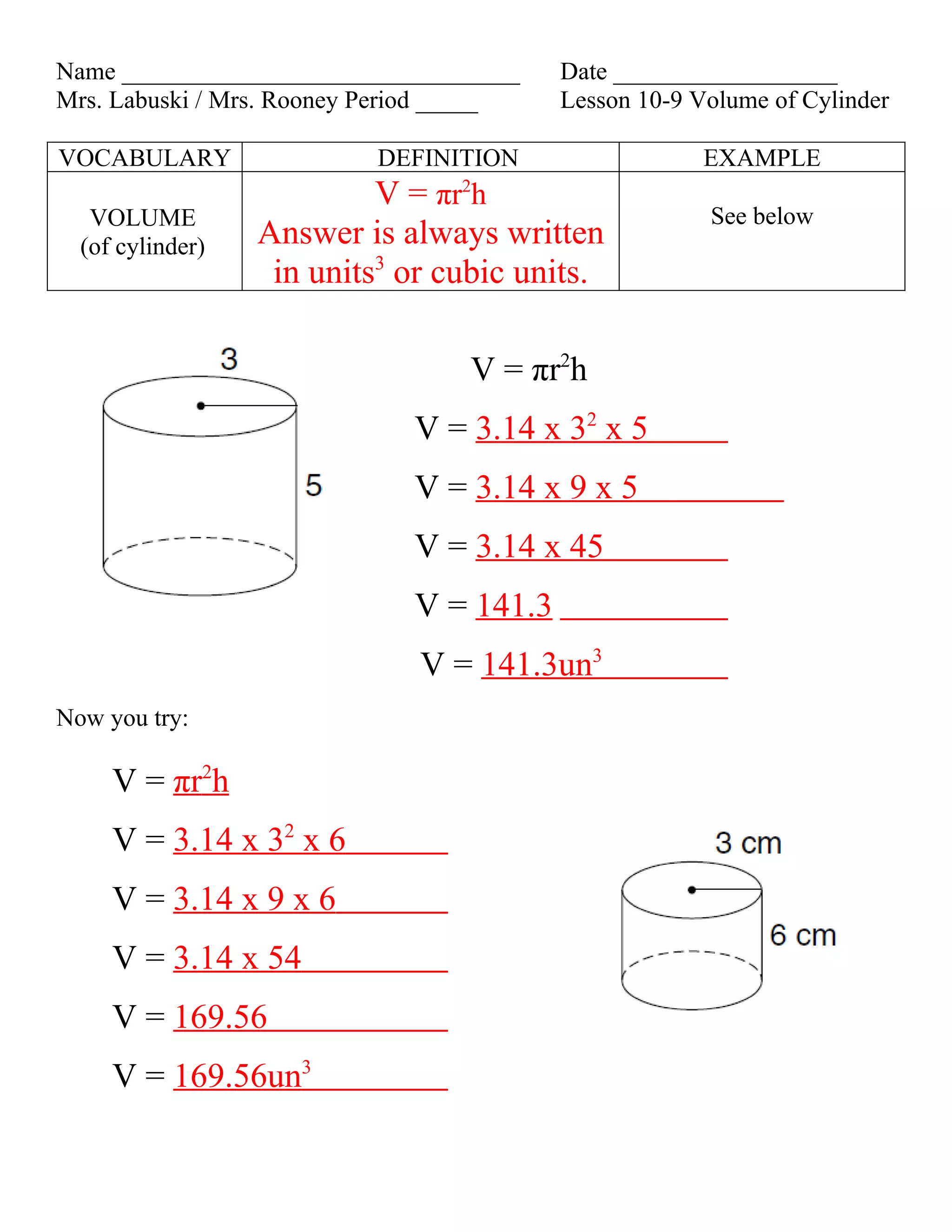 Lesson 10 9 volume of cylinder | DOC | Physics | Science